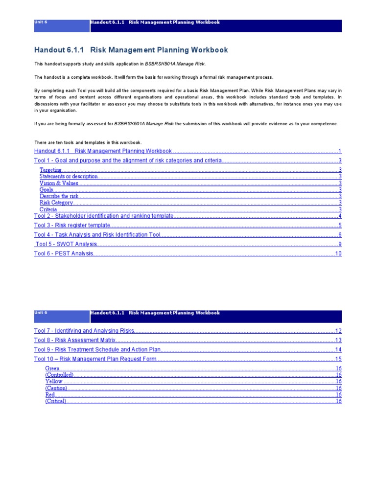 Risk Management Planning Workbook | PDF | Risk | Risk Management