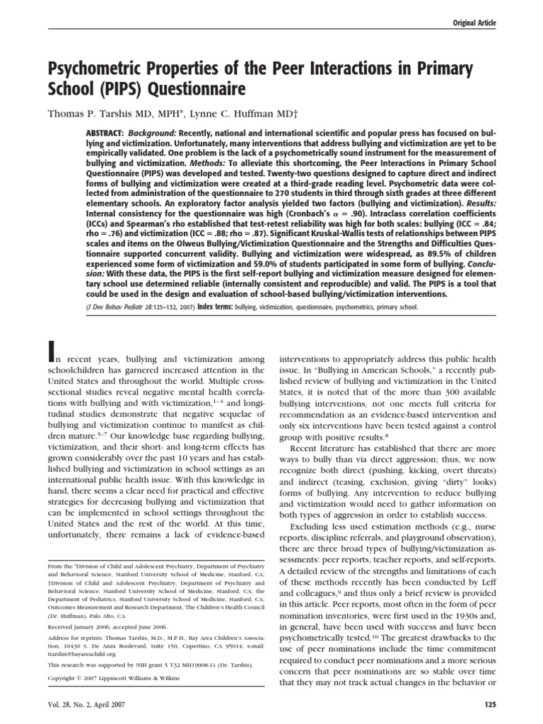 PIPS Tarshis2007 | PDF | Cronbach's Alpha | Psychometrics