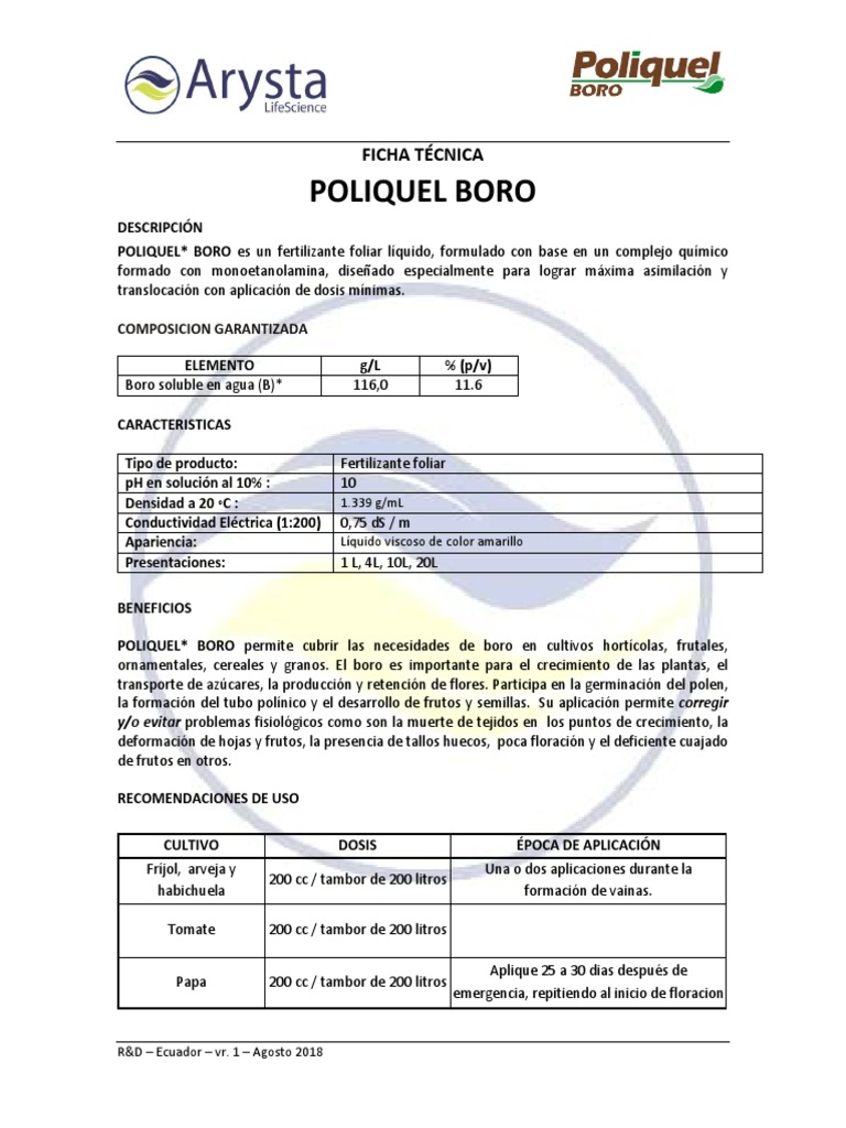 Fertilizante Foliar Líquido Poliquel Boro | PDF | Agua | Flores