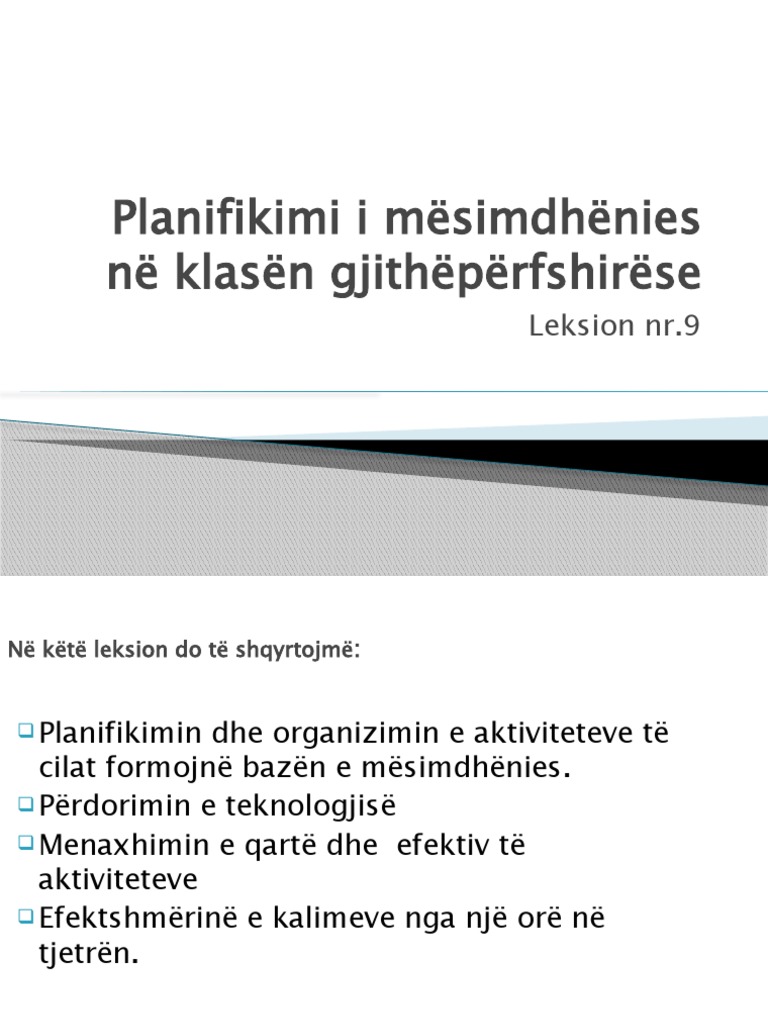 Leksion nr.9 Planifikimi I Mesimdhenies Ne Klaswn Gjithwpwrfshirwse. | PDF