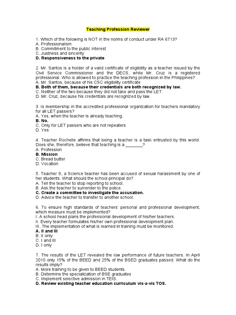 Teaching Profession Reviewer Pdf Teachers Learning