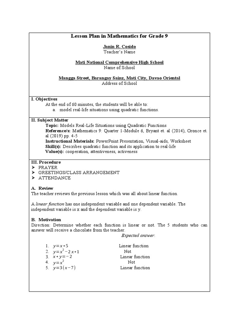 Grade 9 Lesson Plan Models Real Life Situations Using Quadratic Functions Pdf Function