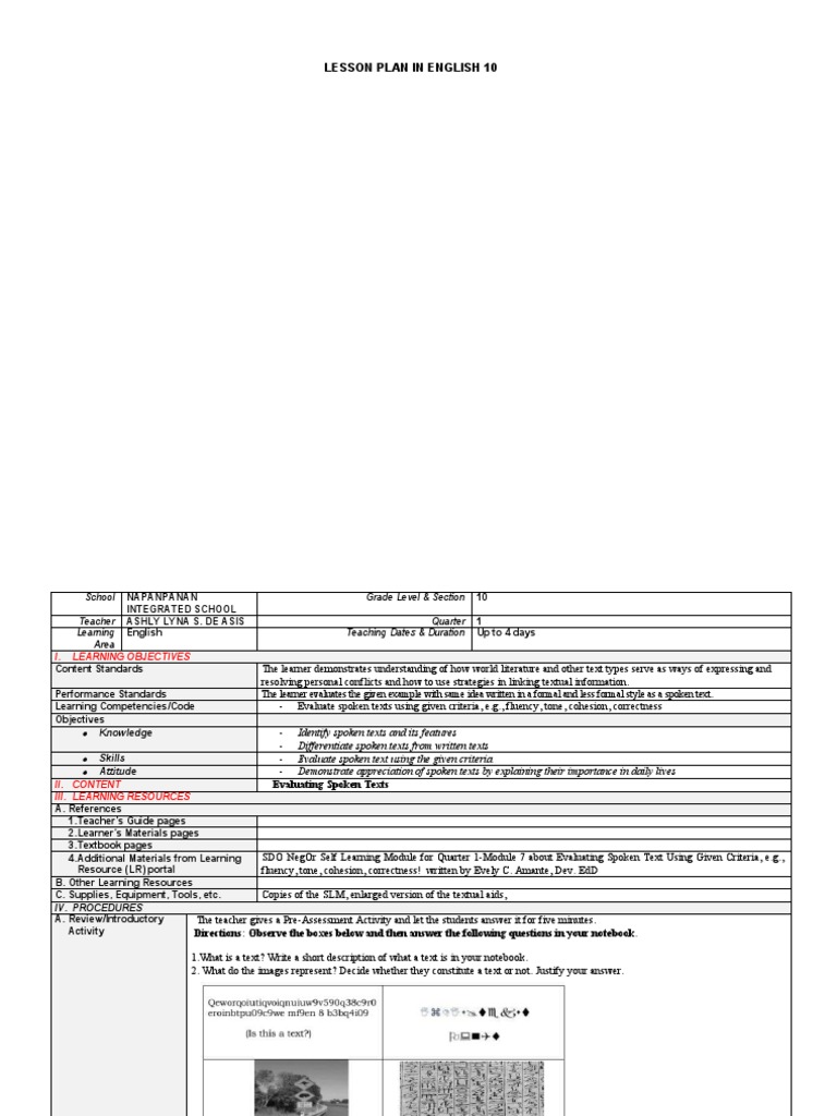 Dlp-Eng-G10-Q1-Melc-7-Week 7 | PDF | Learning | Spoken Word