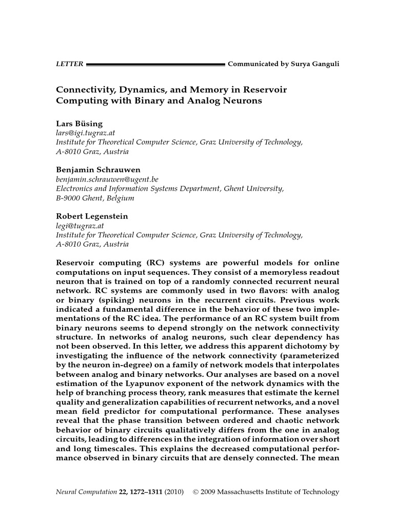 Connectivity, Dynamics, and Memory in Reservoir Computing With Binary and Analog Neurons | PDF ...