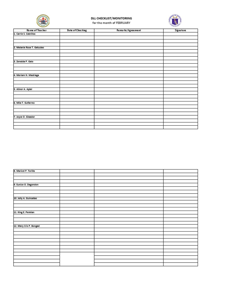 DLL Checklist/Monitoring: For The Month of FEBRUARY | PDF