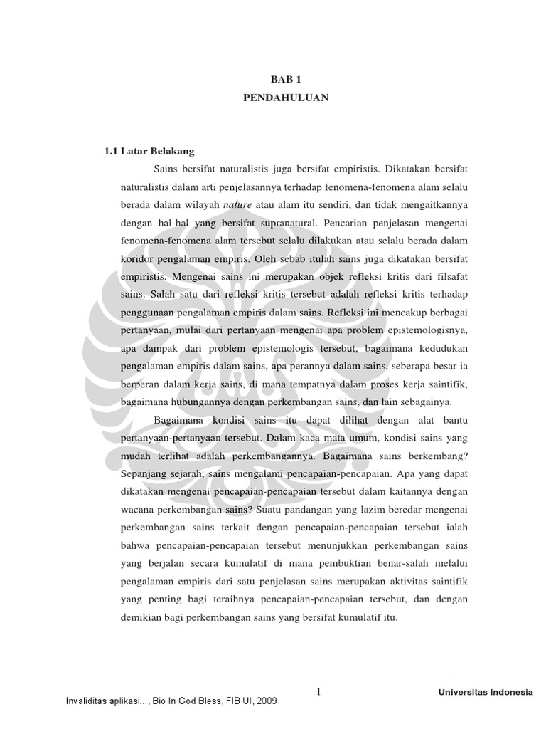 Bab 1 Pendahuluan: Invaliditas Aplikasi..., Bio in God Bless, FIB UI, 2009 | PDF