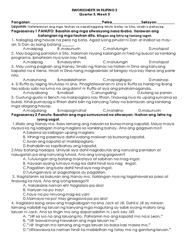 Worksheet W 5 Filipino 2 3rd QTR | PDF