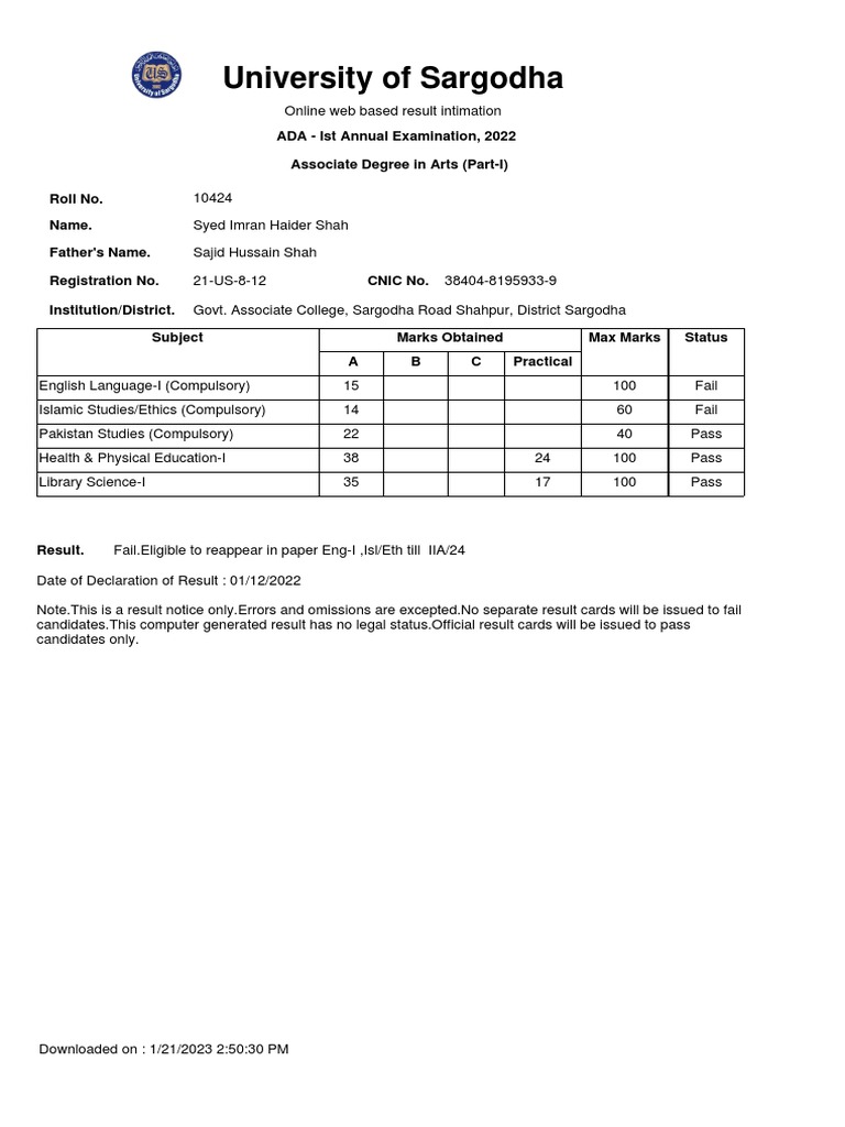 Ist Annual Examination, 2022ADA (P-I) 10424DetailMarkSheet | PDF