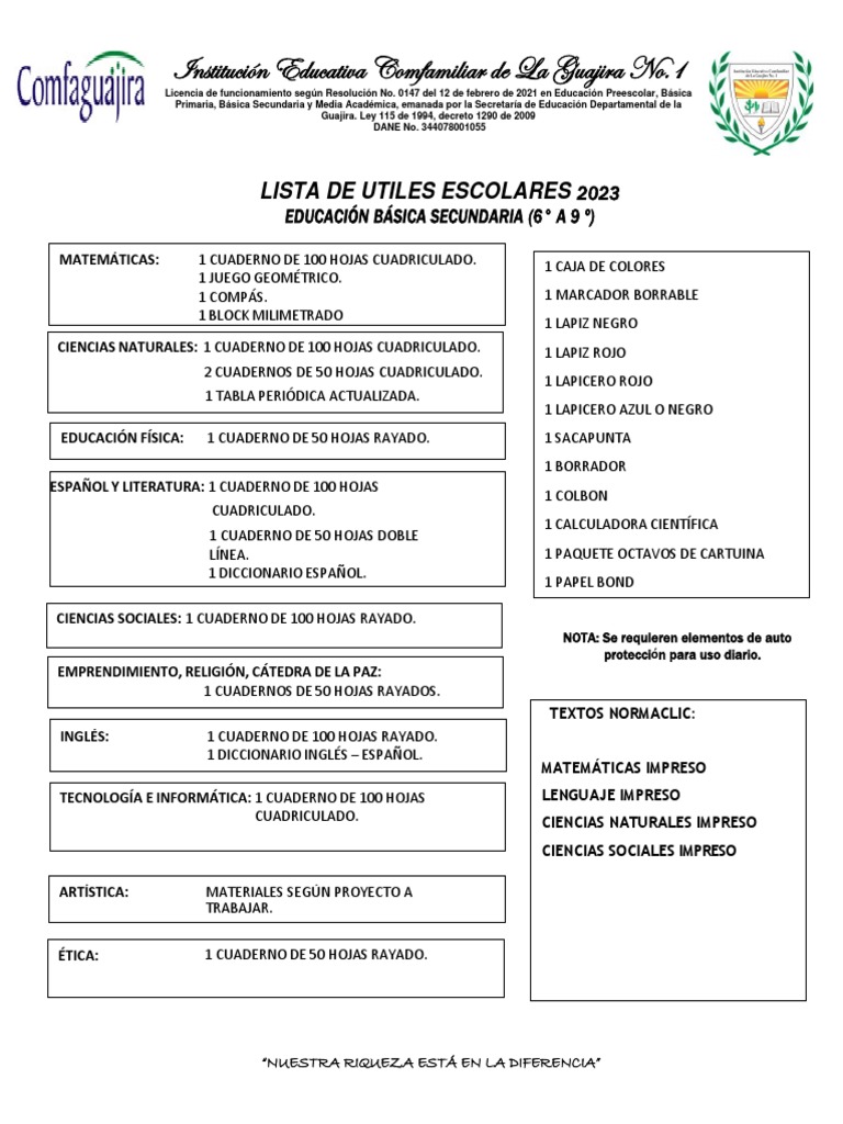 Listas - Escolares - 2023 - Básica Secundaria | PDF | Science