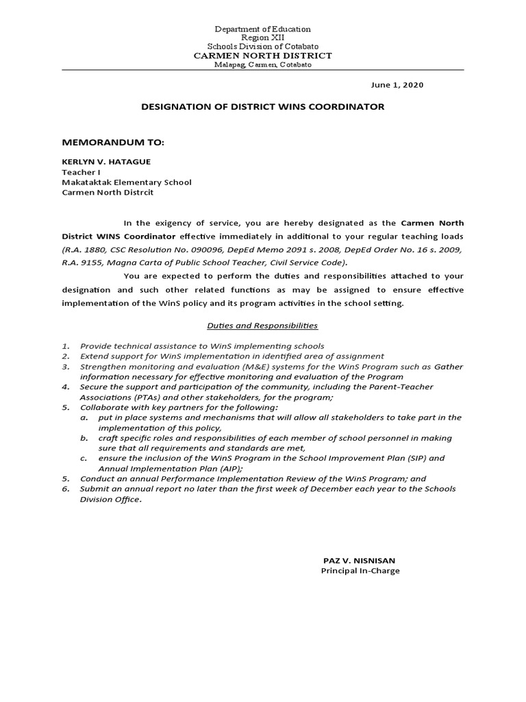 School Health and Nutrition Designation As District Coordinator | PDF