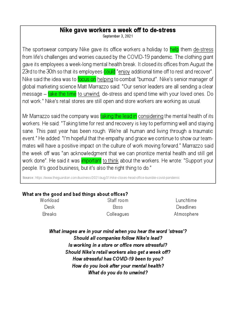 News - Nike Gave Workers A Week Off To De-Stress | PDF | Mental Health ...