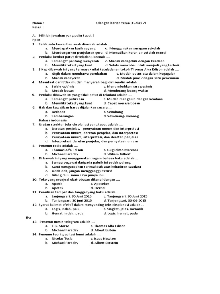 Soal Ulangan Harian Tema 3 Kelas 6 | PDF | Perjalanan | Seni & Disiplin Bahasa