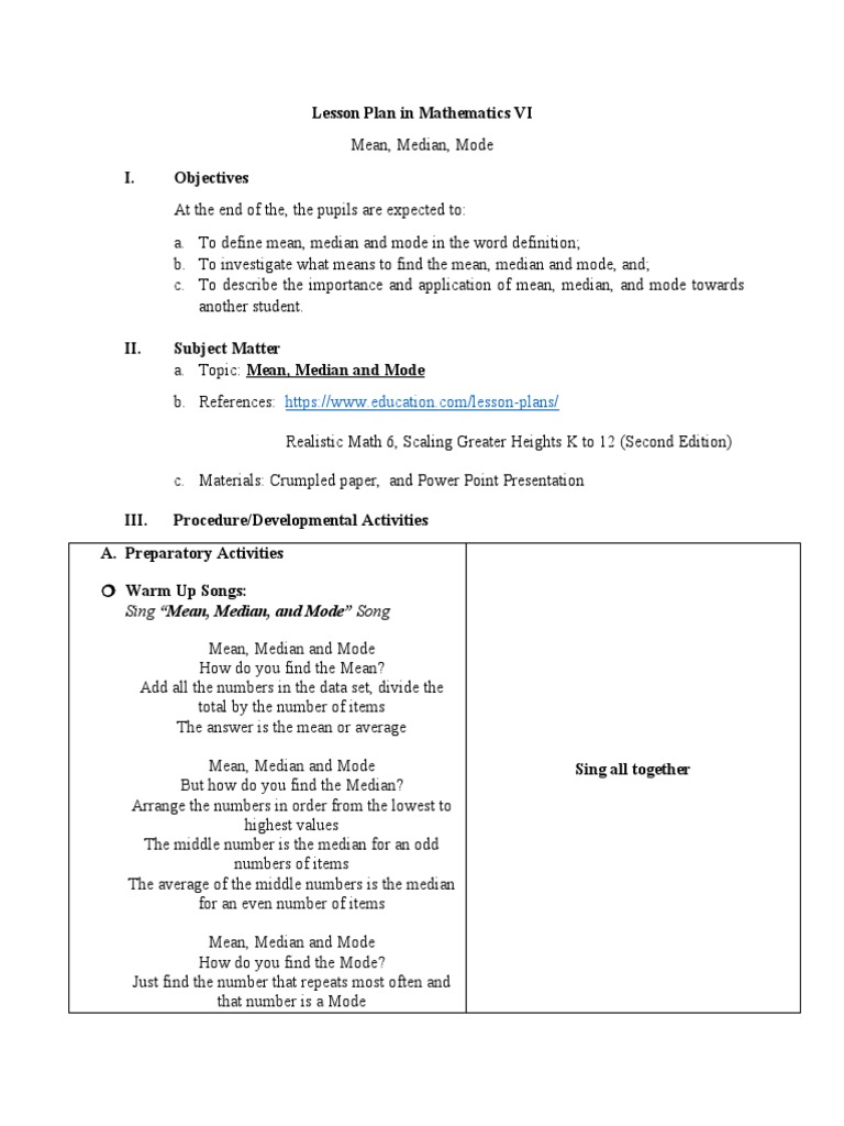 Lesson Plan in Mathematics VI | PDF | Mean | Median