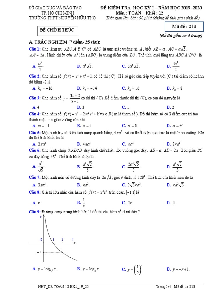 De Thi Hoc Ki 1 Toan 12 Nam 2019 2020 Truong THPT Nguyen Huu Tho TP HCM | PDF