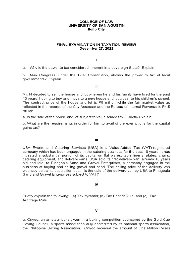 Taxation Review Final Exam Questions | PDF | Taxes | Value Added Tax
