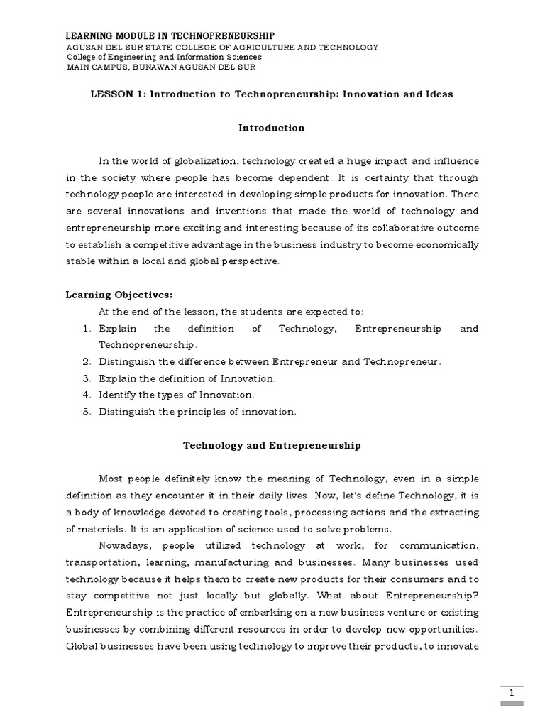 LESSON 1 - Introduction To Technopreneurship | PDF | Entrepreneurship ...