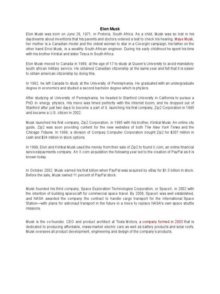 Biography | PDF | Elon Musk | Spaceflight