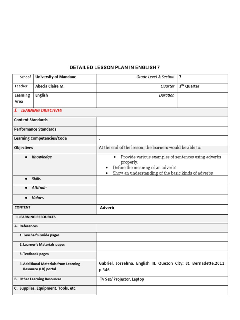 Detailed English Lesson On Adverbs Pdf Adverb Verb