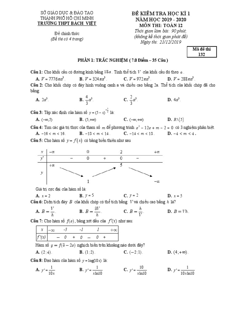 De Thi Hoc Ki 1 Toan 12 Nam 2019 2020 Truong THPT Bach Viet TP HCM | PDF