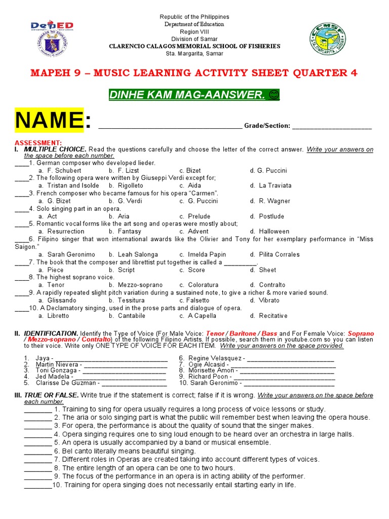 Music 9 Quarter 4 Worksheet and Module | Download Free PDF | Singing ...