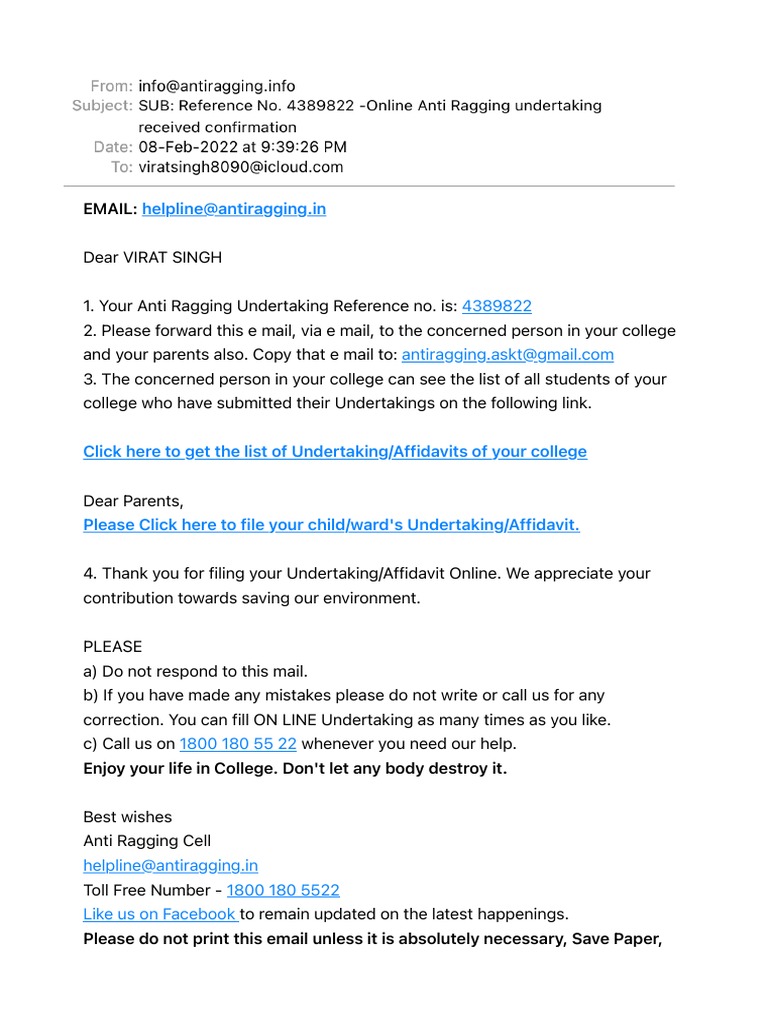 Anti Ragging Undertaking Confirmation | PDF | Career & Growth