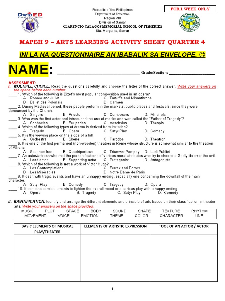 Arts 9 Quarter 4 Worksheetand Module | PDF | Theatre | Performing Arts
