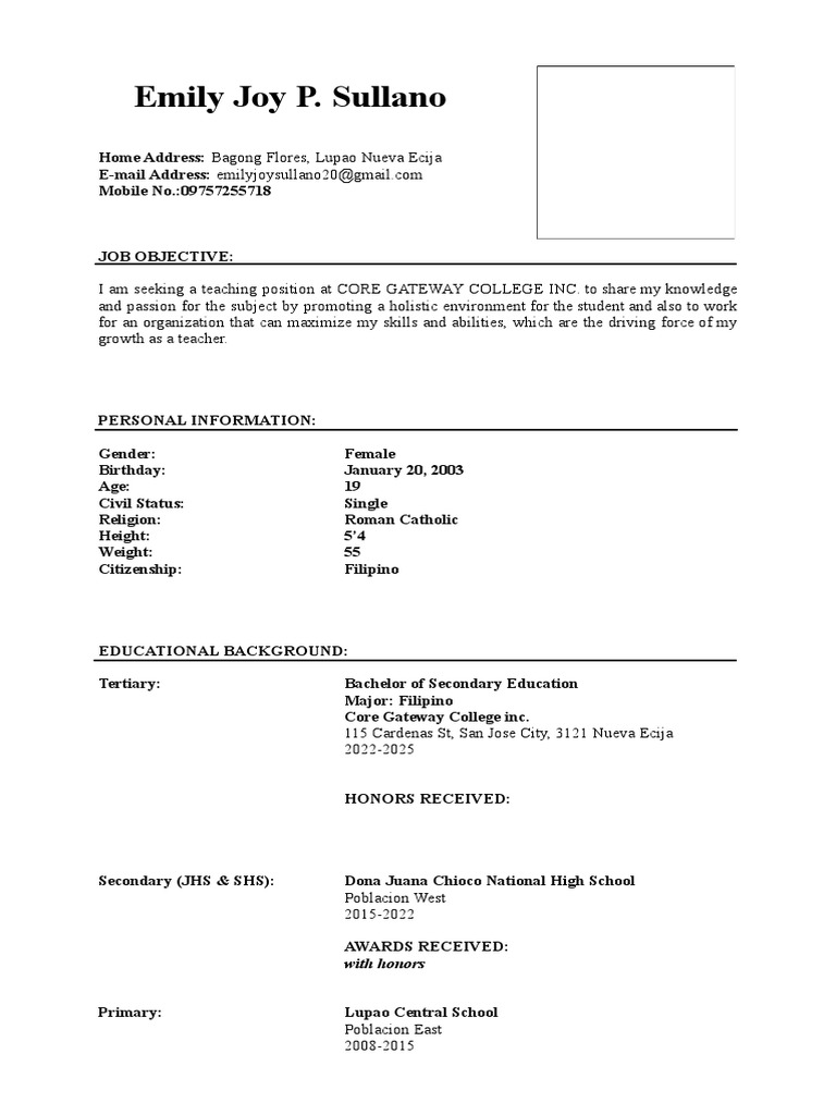 Emily Joy Sullano - Resume - Format | PDF | Cognitive Science | Behavior Modification