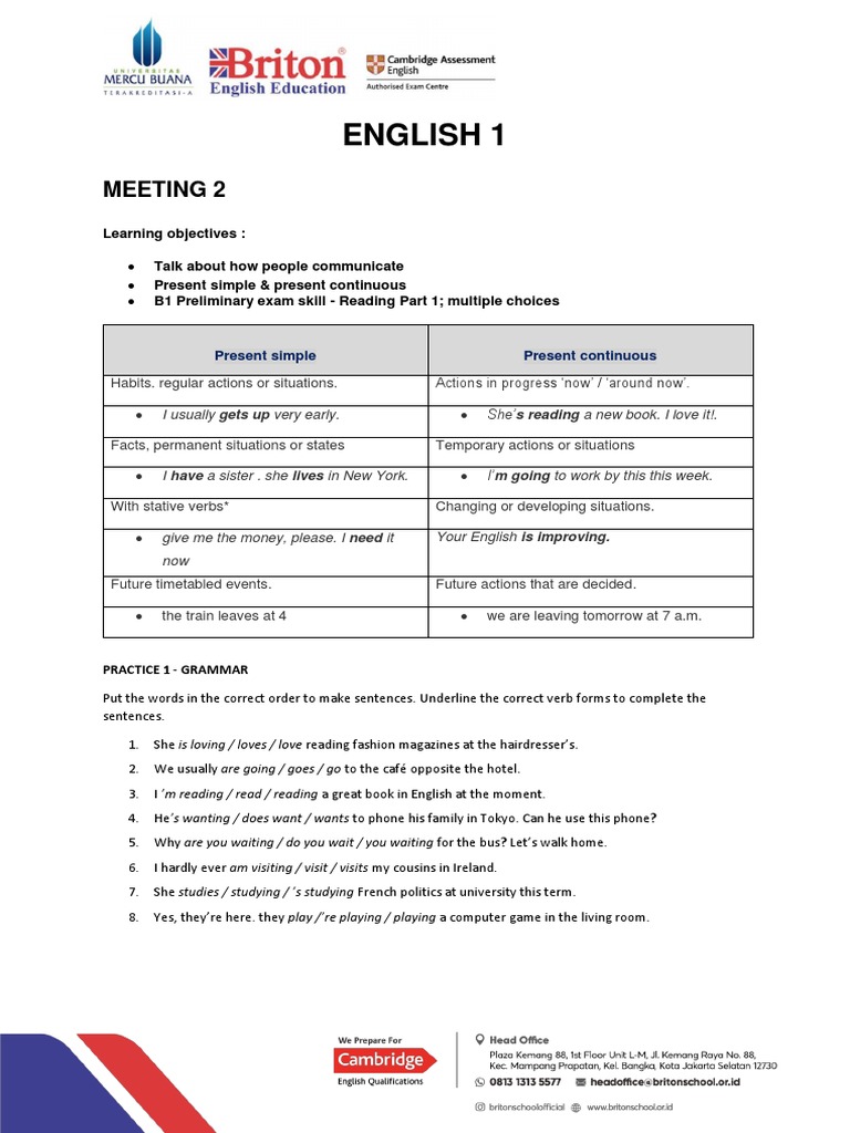 Handout-English 1 Meeting 2 | PDF | English Language | Grammar