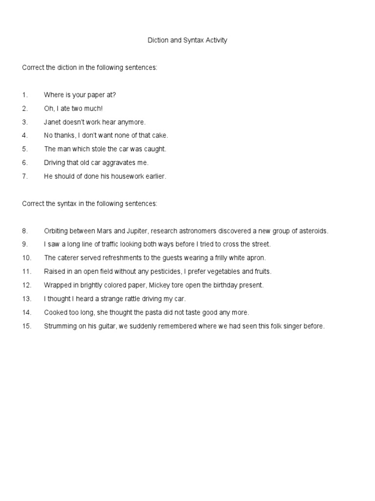 Diction and Syntax Activity | PDF