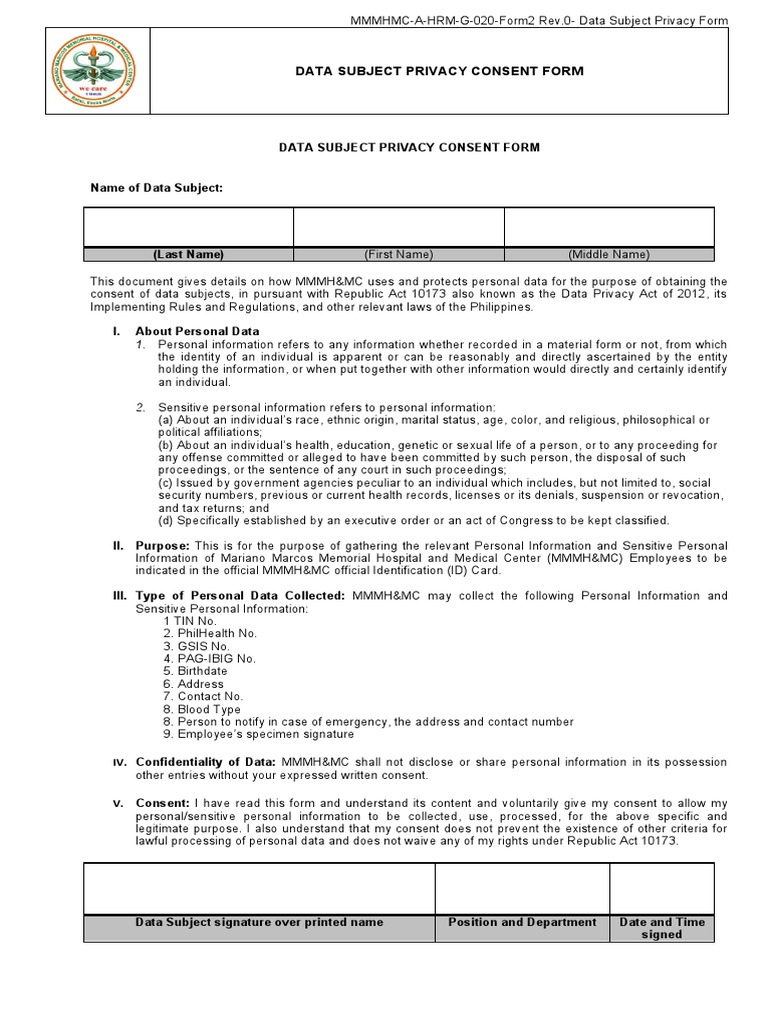 G 020 Form 2 Data Subject Privacy Consent Form Fill in | PDF | Privacy | Consent
