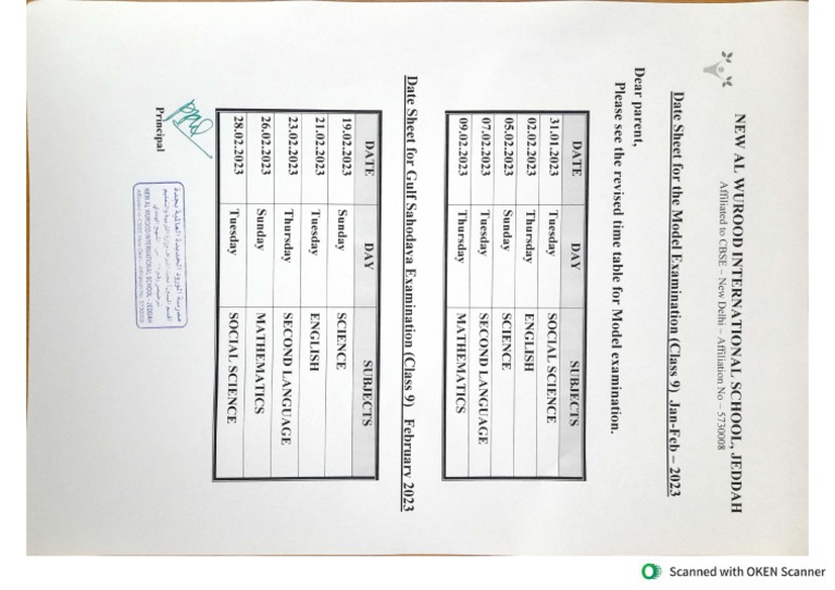 Class 9 Revised Model Exam Time Table | PDF