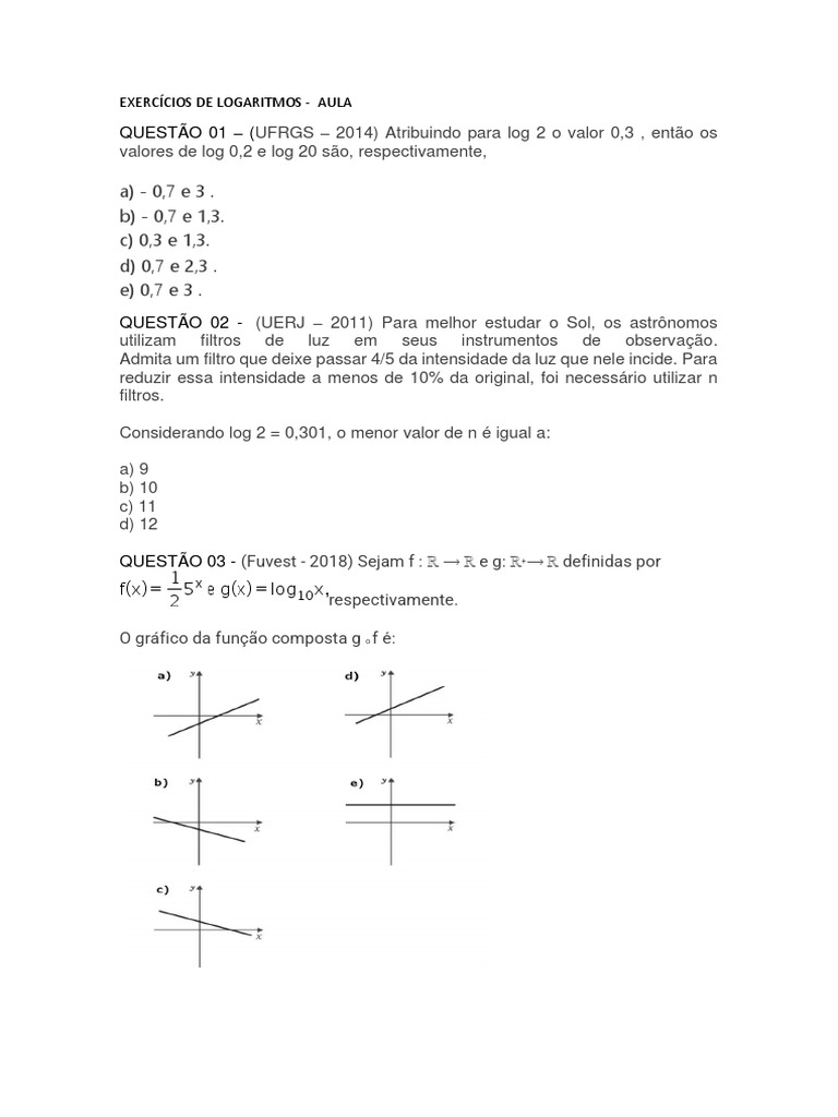 Exercícios de Logaritmos - Aula | PDF