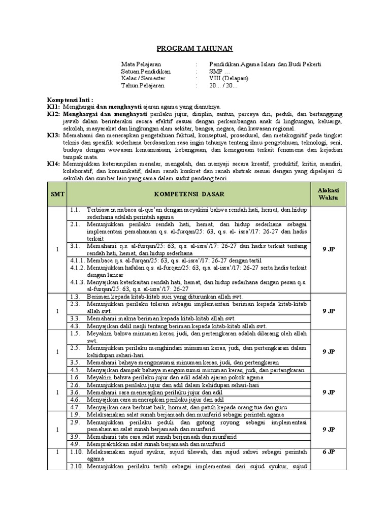 Program Tahunan Pendidikan Agama SMP | PDF