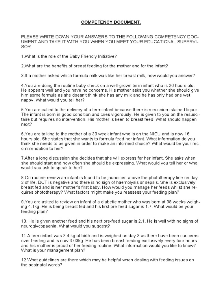 Infant Feeding Competency | PDF | Breastfeeding | Breast Milk