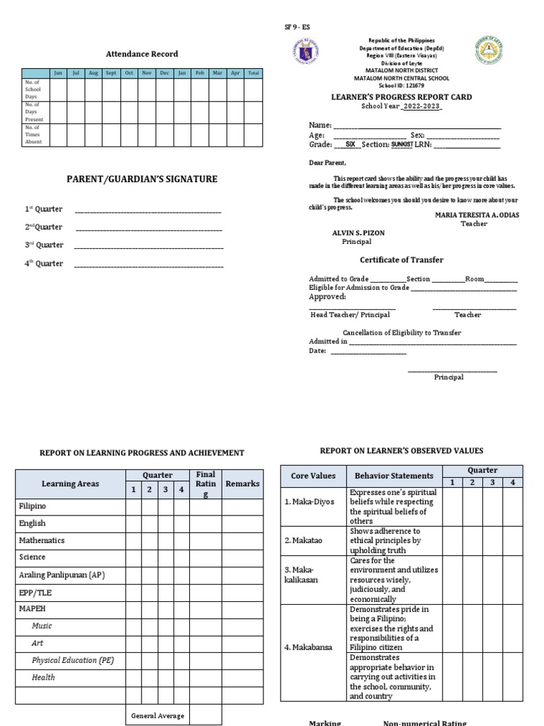 DepEd SF 9 ES Report Card | PDF | Cognition