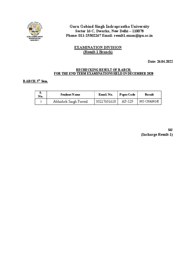 B.Arch. 5th Sem Rechecking Result | PDF