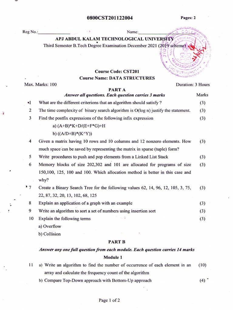 CST201 Data Structures, December 2021 | PDF | Matrix (Mathematics) | Algorithms And Data Structures