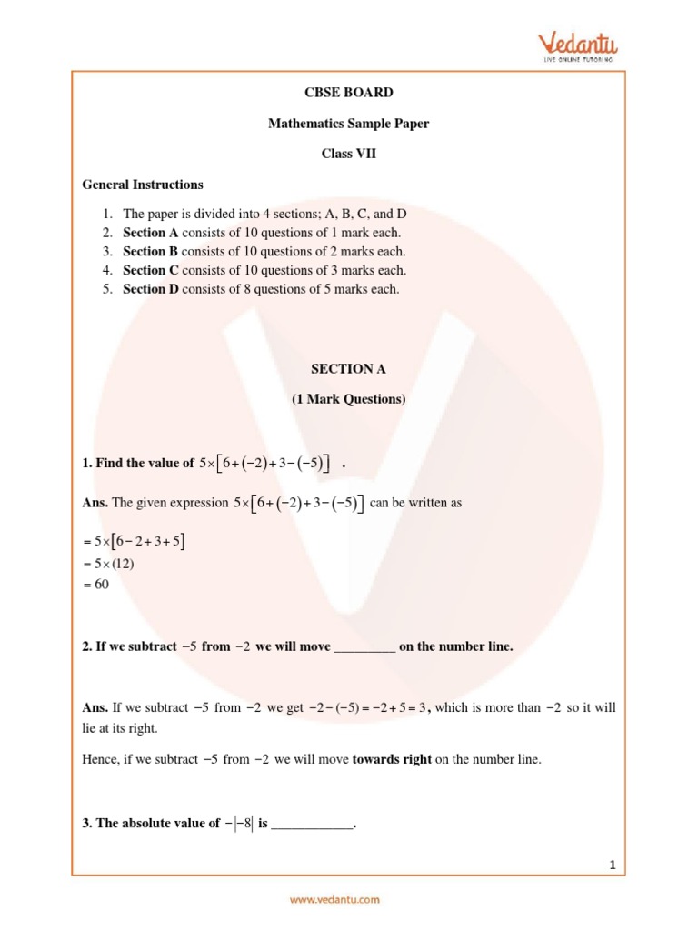 Sample Papers For Class 7 Maths Mock 1 | PDF | Area | Rectangle