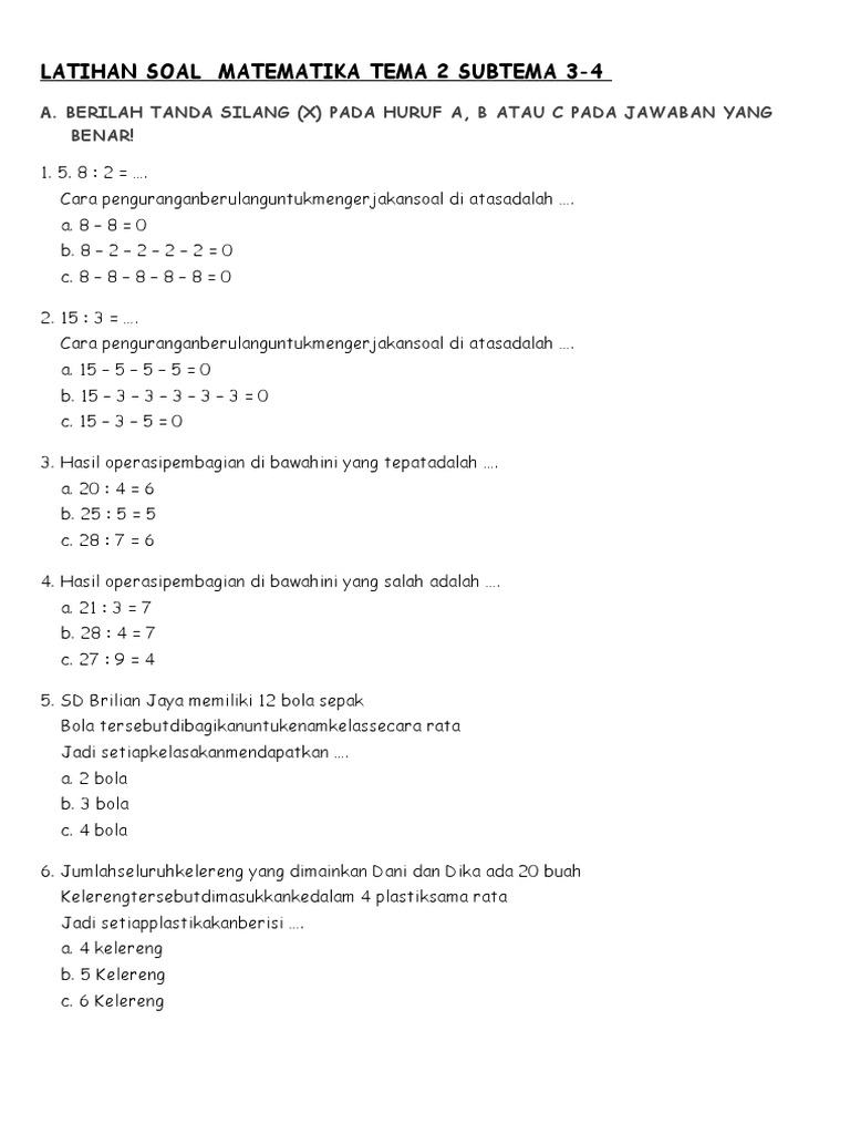 Latihan Soal Tema 2 Subtema 3-4 Matematika | PDF