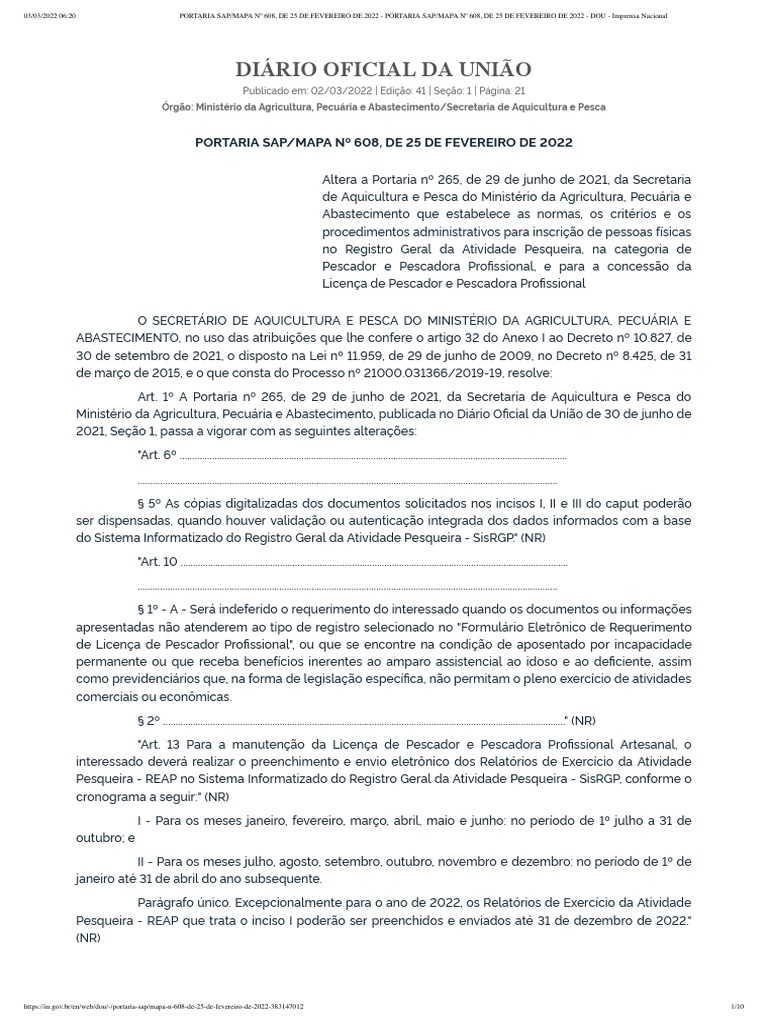 PORTARIA SAP - MAPA No 608 DE 25 DE FEVEREIRO DE 2022 MAPA | PDF | Pesca