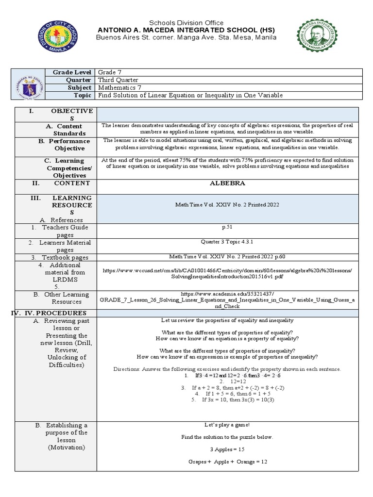 Solving Linear Equations and Inequalities in One Variable: A Lesson Plan for Grade 7 Students ...