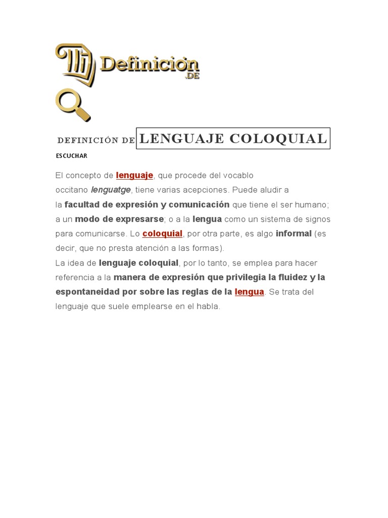 Lenguaje Coloquial: Definición de | PDF | Comunicación | Cognición