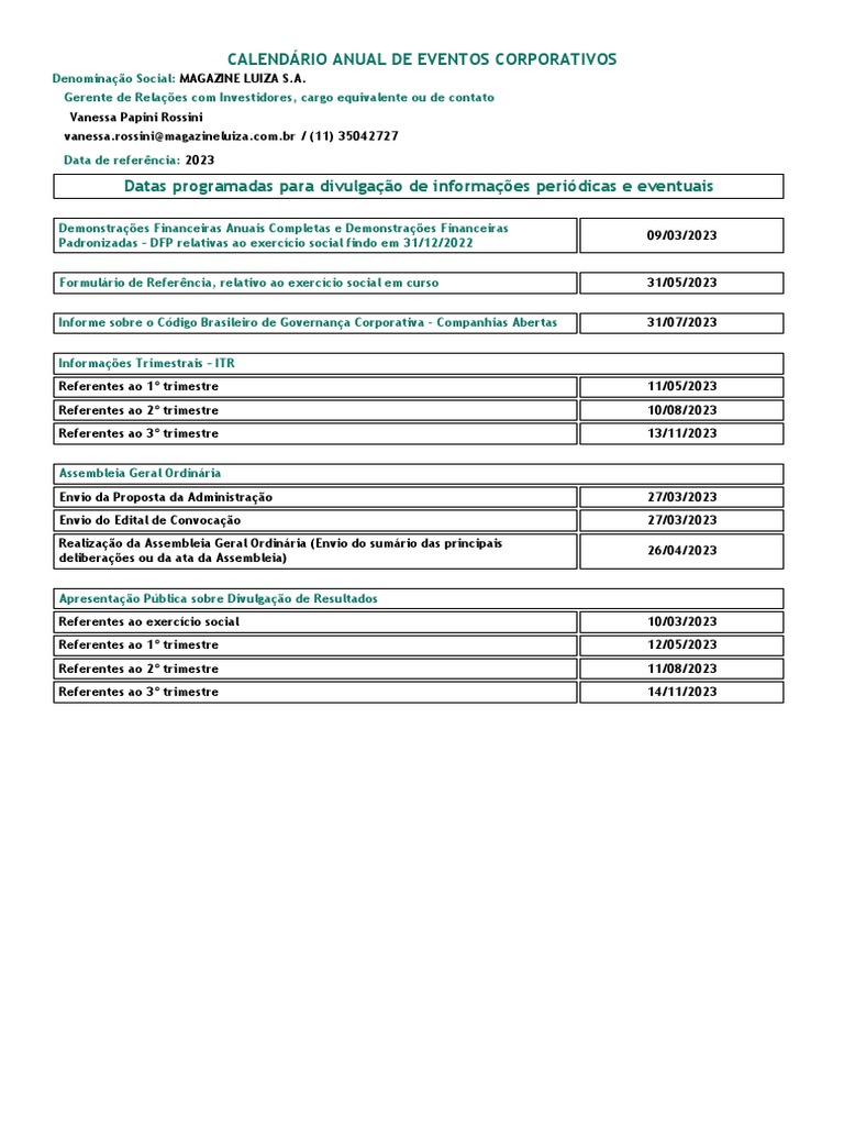 Calendário Anual de Eventos MGLU3 | PDF | Finanças e Administração de ...