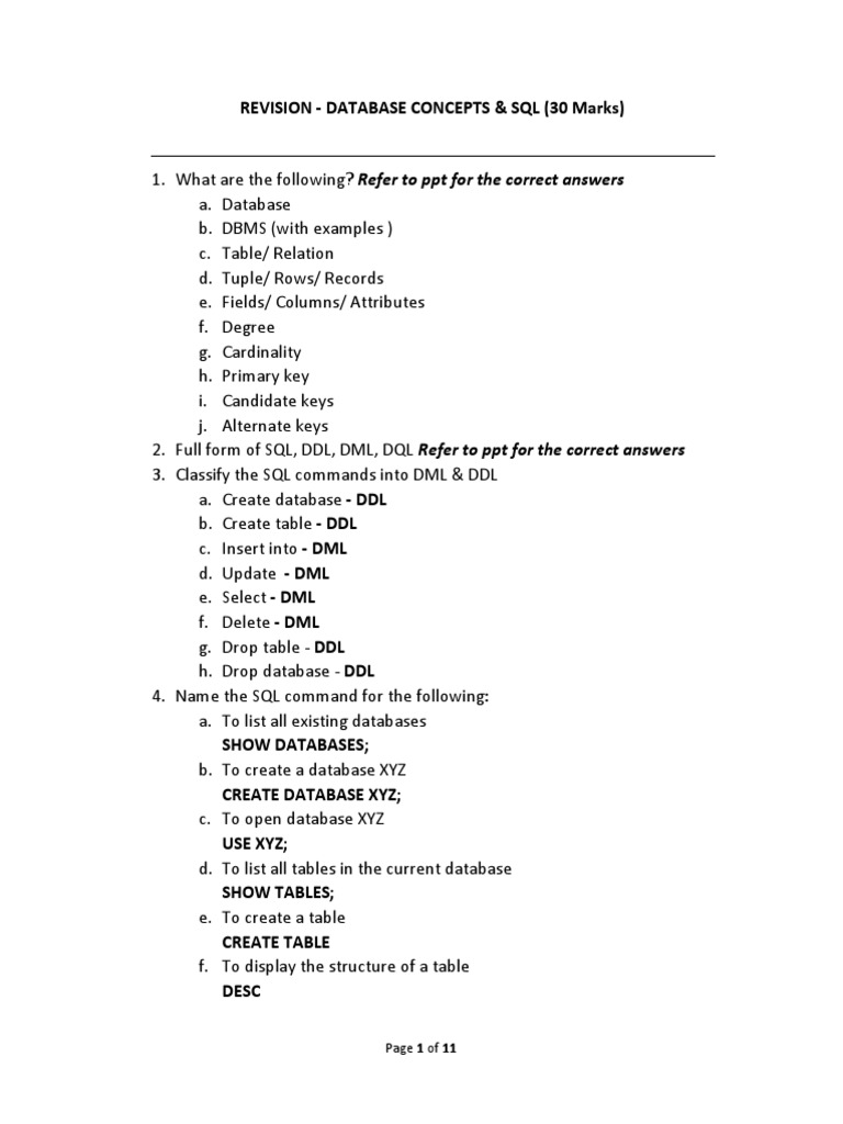 Answers - Revision Qns (All Chapters) - Class XI - Annual Exam 2023 | PDF | Databases | Sql