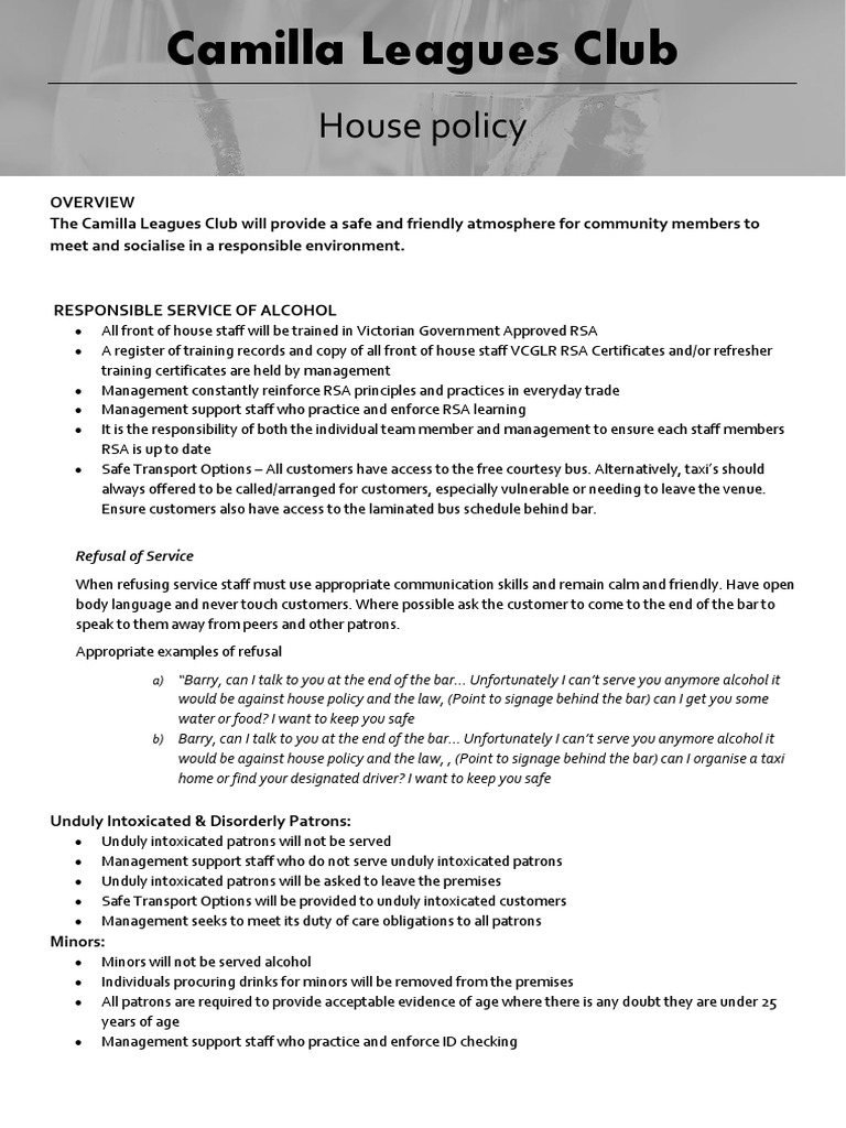 RSA Camilla Leagues House Policy V2 | PDF | Substance Abuse ...