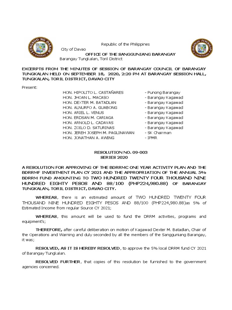Barangay Resolution Approving BDRRM Investment Plan | PDF