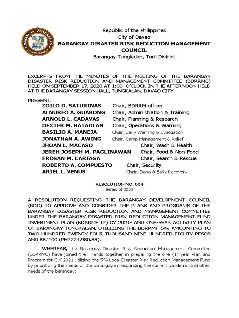 BDRRMC Resolution Asking For Approval of BDRRM Investment Plan | PDF | Disasters | Emergency ...