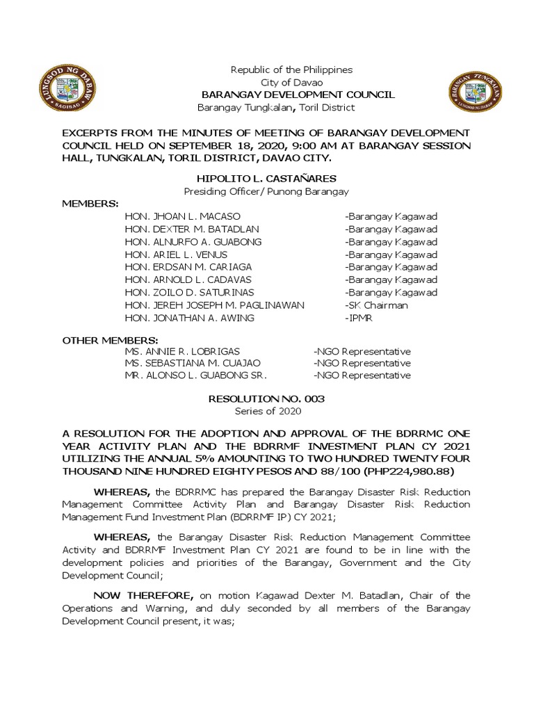 Barangay Tungkalan BDRRMC Plan Approval | PDF | Government