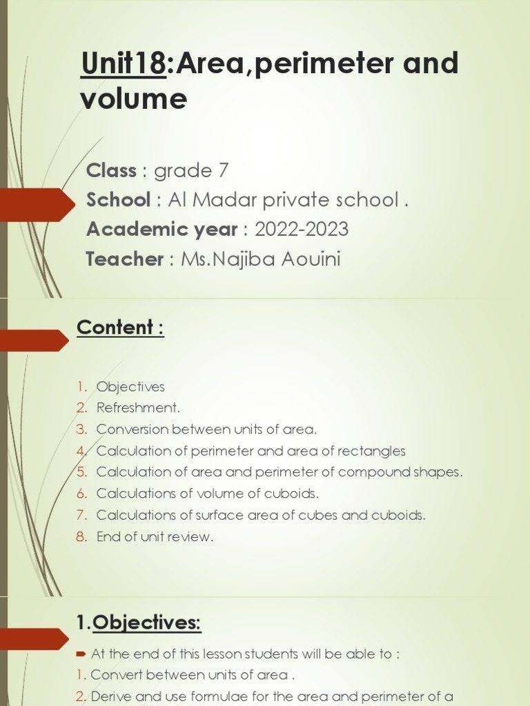 Unit18 Area, Perimeter and Volume | PDF | Area | Volume