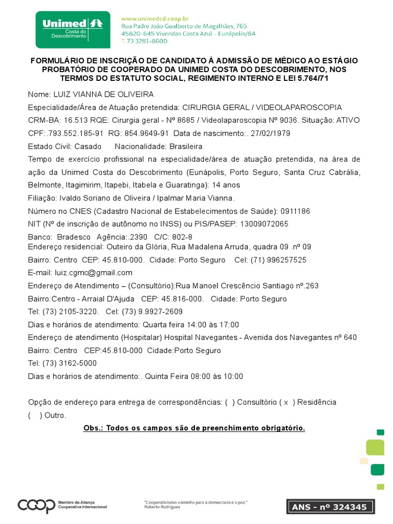 Formulário de Inscrição de Candidato Admissão Ao Estágio Probatório ...